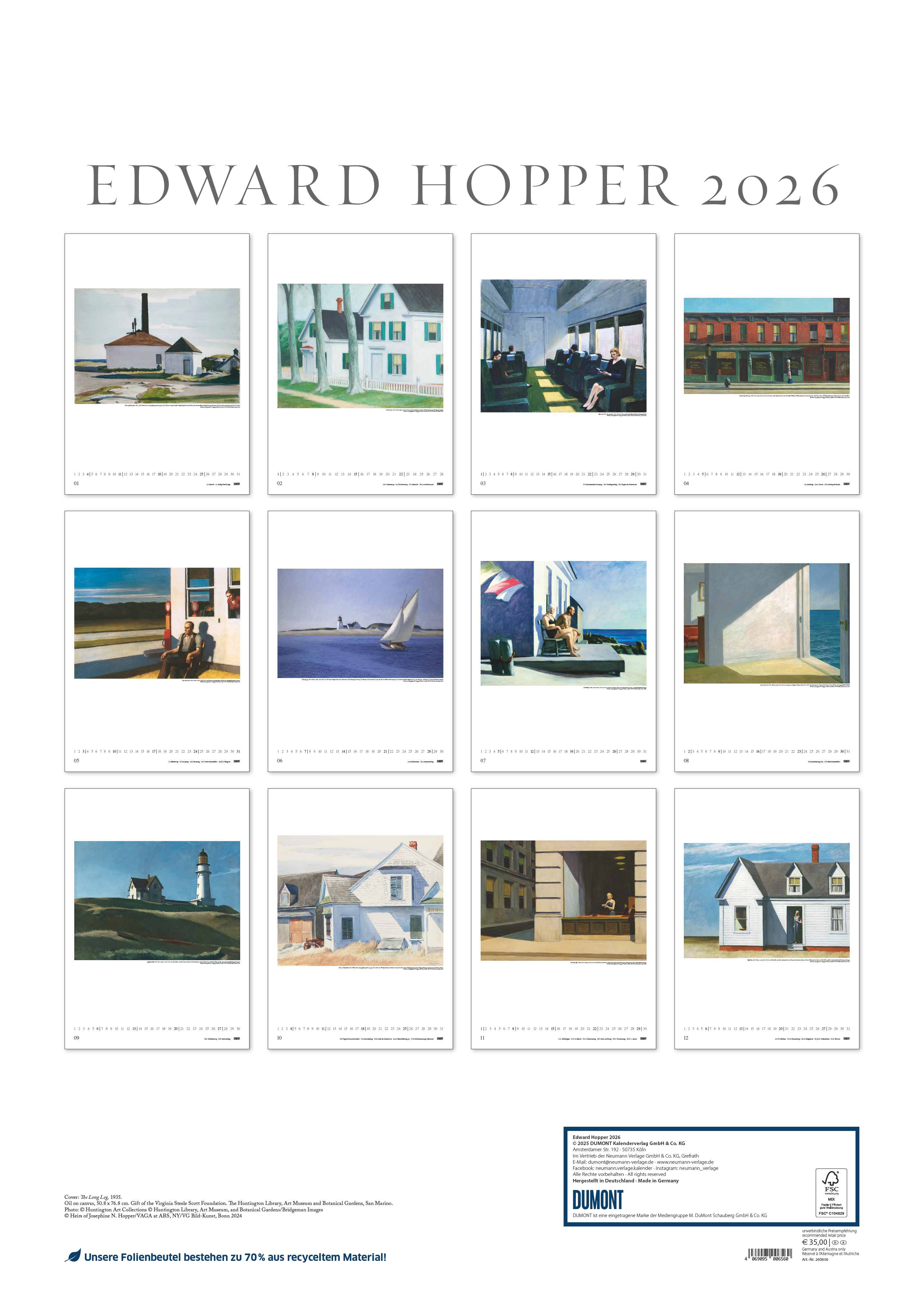 Edward Hopper 2026 - Kunst-Kalender - Poster-Kalender - 50x70