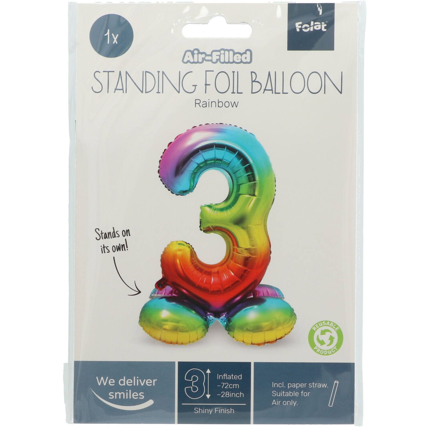FOLAT Stehender Zahlenballon 3 luftbefüllend 72 cm bunt zum Top-Preis